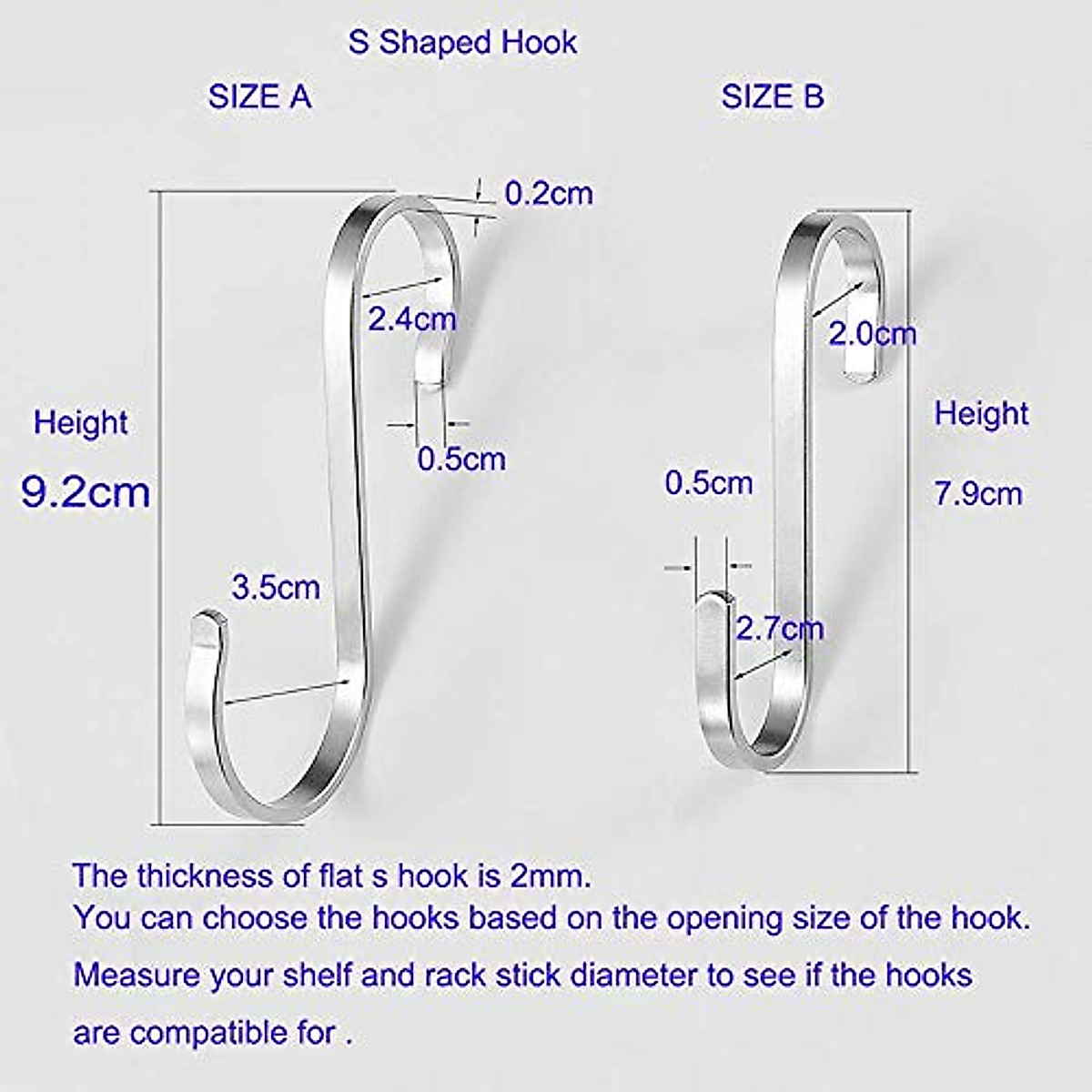 Monfish Flat S Hooks Stainless Steel Hanging Hooks Kitchen Hooks Pack of 20 S Shape for Kitchen Cupboard Door