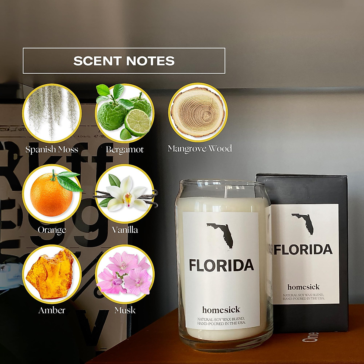 Homesick Scented Candles for Home (Florida) - 13.75 oz Long-Lasting Soy Wax Jar Candle for Women & Men for All Occasions, 60-80 Hours Burn Time - Notes of Moss & Bergamot