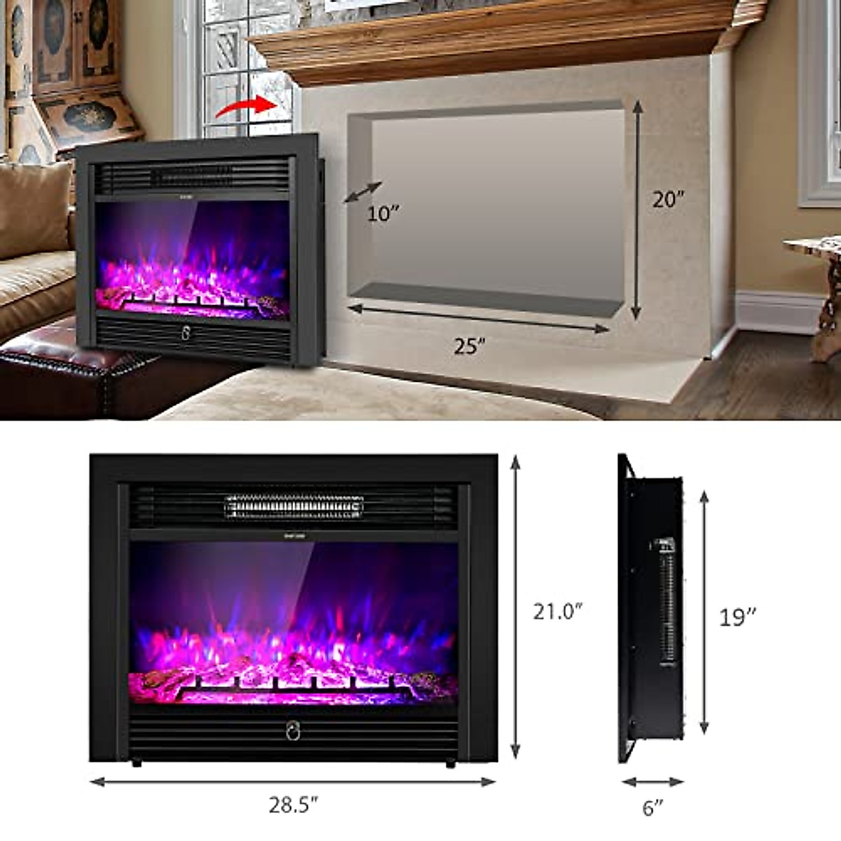 COSTWAY 28.5-Inch Electric Fireplace Inserts, 750W/1500W Wall Recessed and Freestanding Fireplace with 3 Flame Colors, 5 Brightness Settings, 8H Timer, Remote Control, Fireplace Heater for Indoor Use