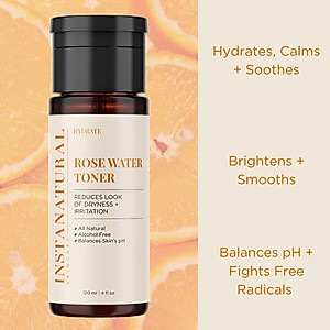 InstaNatural Organic Rose Water Face Toner, Hydrates, Soothes, Reduces Irritation and Redness, Alcohol Free, Rosa Damascena Flower Water, 4 Fl OZ