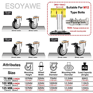 Set of 4 Furniture Swivel Caster Wheel, 3in 4in 5in Silent TPR Rubber Castors with Brakes, Commercial/Industrial Application Replacement Foot Wheel, Total Load 530Lbs
