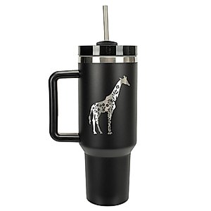 Elanze Designs Giraffe Growing Wildflower Animal Floral Motif 40 Oz. Stainless Steel Water Bottle Coffee Mug, Spill & Leak Resistant, Travel Tumbler with Handle, Lid & Straw, Black