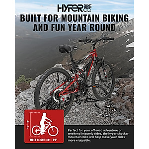 Hyper Kids Mountain Bike 24 Inch Youth Downhill Mountain Bike. Shimano 18 Speed Twist Shifters and Steel MTB Bike Frame. Full Suspension Mountain Bike. Shocker (Red/Black)