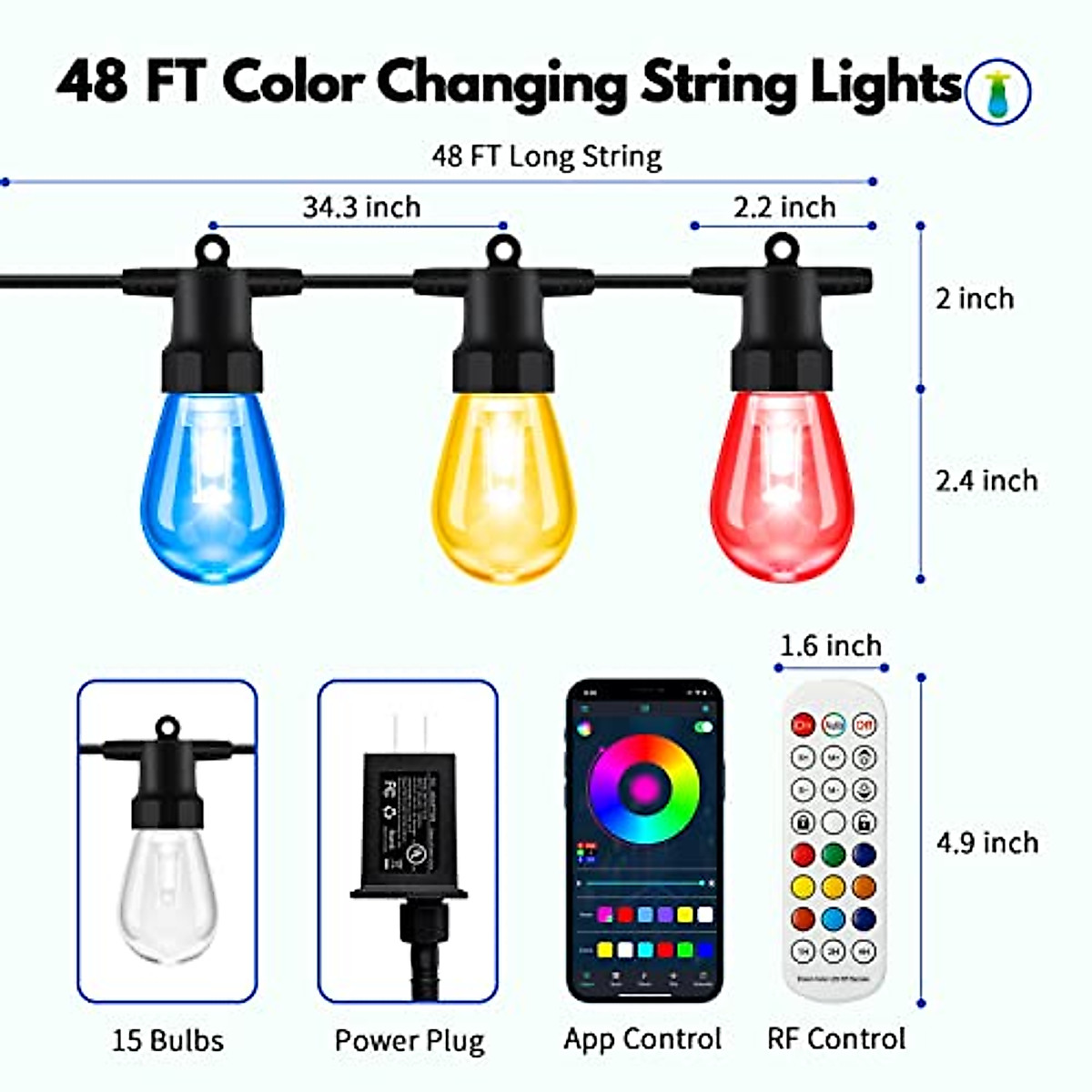 XHT Outdoor String Lights - 48ft Sync with Music Color Changing Outside Patio Lights with 15 Dimmable IP65 Waterproof RGB LED Bulbs with App & Remote Control for Dating, Party, Wedding