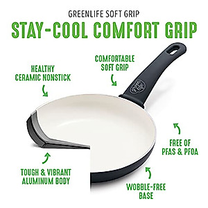 GreenLife Soft Grip Healthy Ceramic Nonstick 7" and 10" Frying Egg Omeltte Pan Skillet Set, PFAS-Free, Dishwasher Safe, Black and Cream