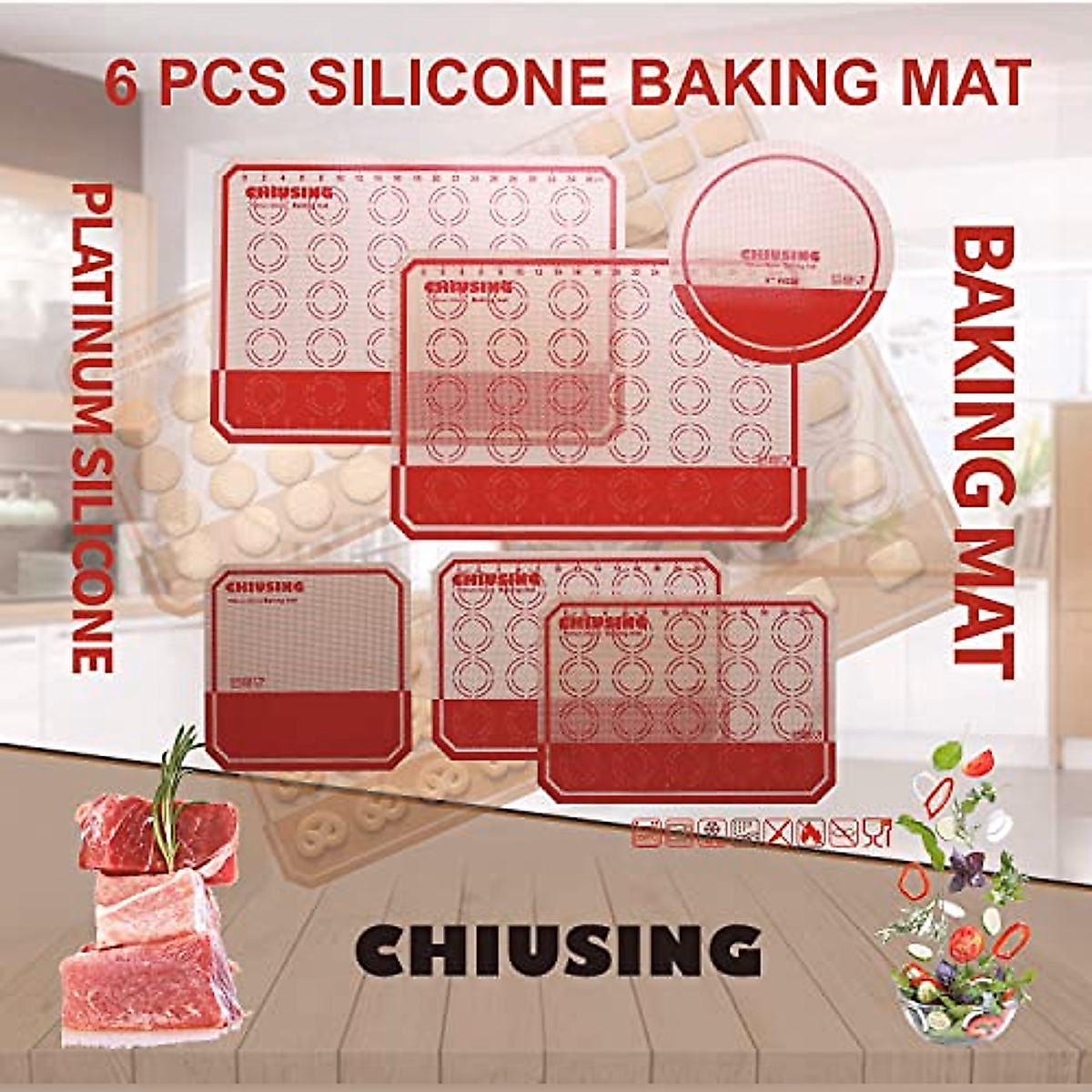 Silicone macaron baking mats with measurements,6 piece BPA free macaron silicone bake pastry mat for cake,cookie,pizza and macaron