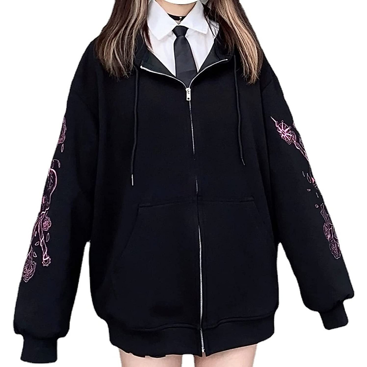 Women Y2K Fall Goth Skeleton Dark Academia Zip Up Hoodie, Harajuku Alt Punk Vintage Emo Graphic Korean Hooded Jacket (M,Medium) Black
