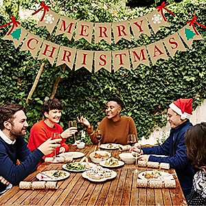 PACETAP Merry Christmas Banner Burlap,Christmas Fireplace Banner Christmas Wall Banners,Christmas Tree Decor,Christmas Home Chimney Indoor Decorations, Christmas Chimney Banner with 4 Red Bows