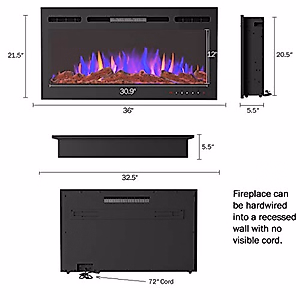 Northwest 36-Inch Electric Fireplace - Wall Mount or Recessed Heater with Front Vent, LED Colors, Brightness and Media Options, and Remote (Black)