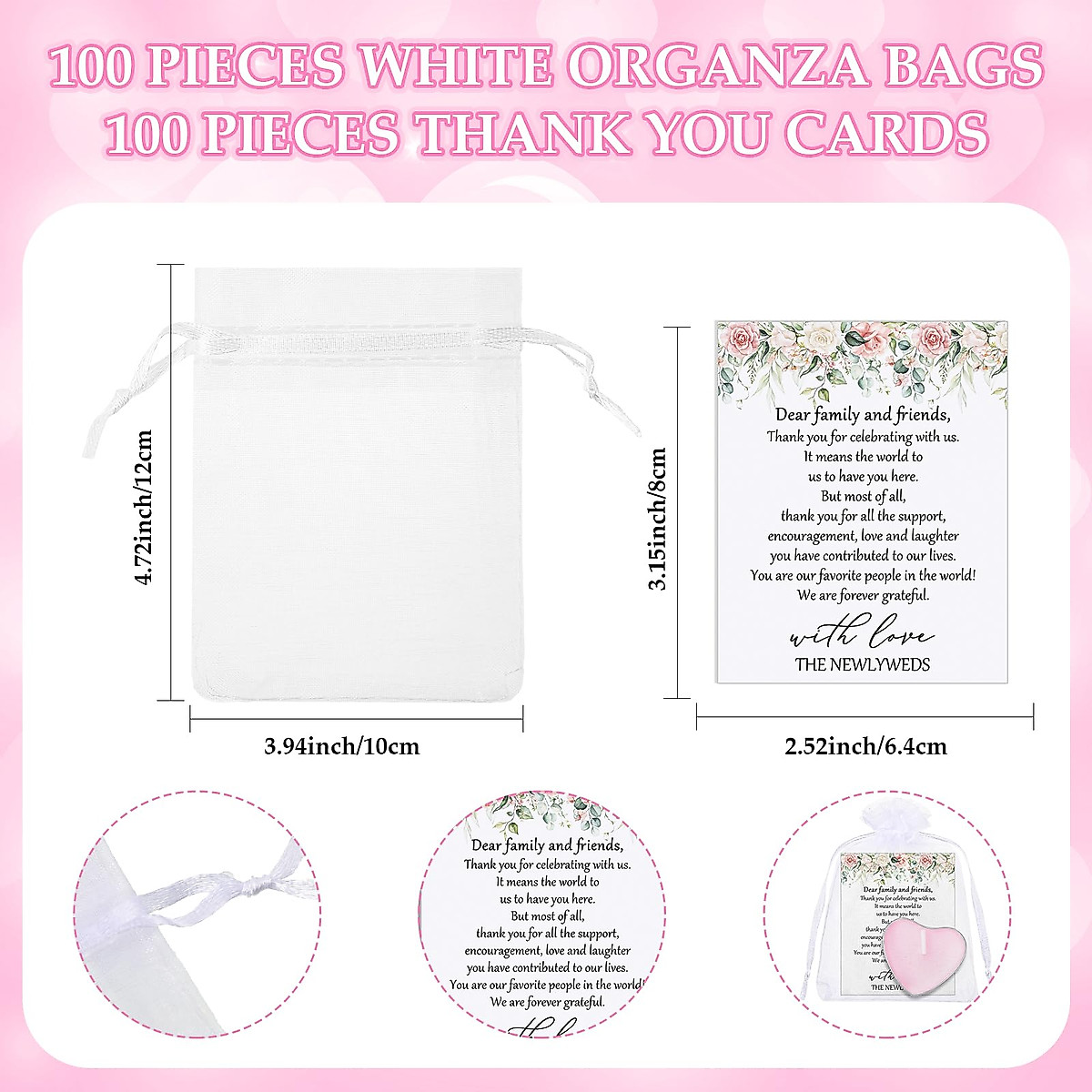 Threlaco 100 Sets Wedding Gifts for Guests 100 Heart Shaped Candles Mini Candles Wedding Candle Gifts for Guests 100 Thank You Cards and Organza Bags for Wedding Party Favors (Love, Pink)