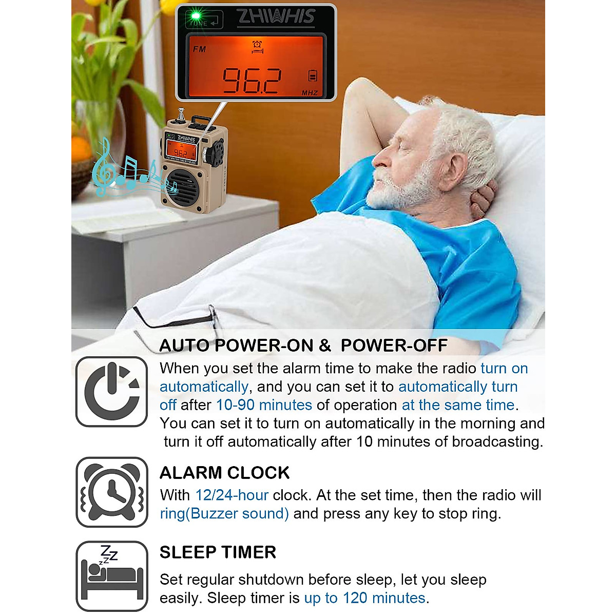 ZHIWHIS Shortwave Radio, MP3 Player with Weather Radios Portable AM FM, Retro Bluetooth Speaker with 6 EQ Modes, Rechargeable Alarm Clock Receiver with Sleep Time and NOAA Alerts ZWS-701