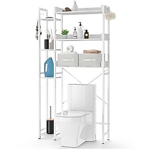 LWADALN Over The Toilet Storage Shelf, 7-Tier Bathroom Organizer Shelf, Freestanding Space Saver Storage Shelf with Two Fabric Drawers & Adjustable Feet, Toilet Rack for Bathroom, Restroom, Laundry