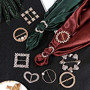 PartyYeah 12 Pcs T-shirt Clips Metal Scarf Clips Ring, Fashion Alloy Pearl Rhinestone Clip Buckle Round Shirt Silk Scarf Tie Clothes Corner Knotted Button for Women Girls Decorative Accessories