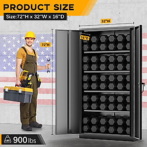 Greenvelly Metal Garage Storage Cabinet with Lock, 72" H Black Metal Cabinet with 2 Doors and 4 Adjustable Shelves for Office,Home,Garage,School(32" W x 16" D)