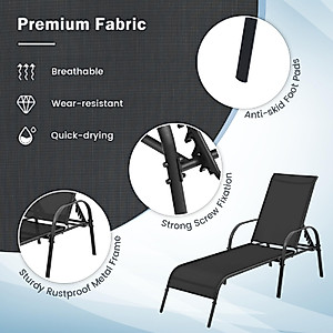 Giantex 2 Pack Patio Lounge Chair, Outdoor Chaise Lounge with 5 Adjustable Backrest, Sturdy Steel Frame, Sunbathing Recliner, Beach Chair, Tanning Chair for Outside, Yard, Balcony, Pool Chairs, Black