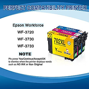 Drnoae 702XL Ink Cartridge Remanufactured 702xl Color Ink Cartridge Replacement for Epson 702XL 702 T702XL to use with Workforce Pro WF-3720 WF-3730 WF-3733 Printer (1Cyan, 1Yellow, 1Magenta, 3 Pack)