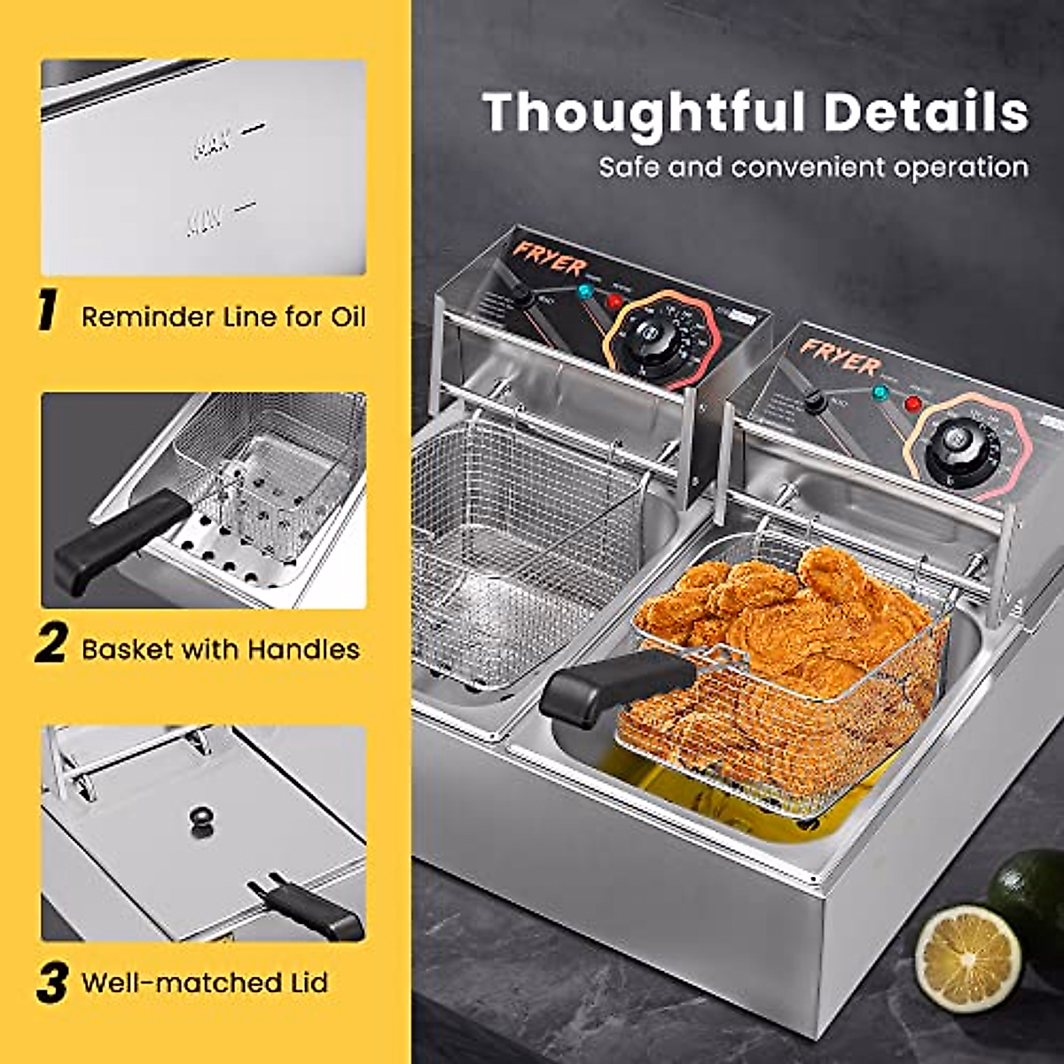 VIVOHOME 5000W 20.7 Qt Electric Deep Fryer with 2 x 6.35 QT Removable Baskets and Temperature Limiter for Commercial and Home Use