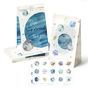 GROBRO7 26Pcs First Trip Around The Sun Space Party Favor Bag with Stickers Solar System Goodie Bags Paper Treat Bag Present Candy Planet Gift Bags Party Supplies for Boy Girl 1st Birthday Baby Shower