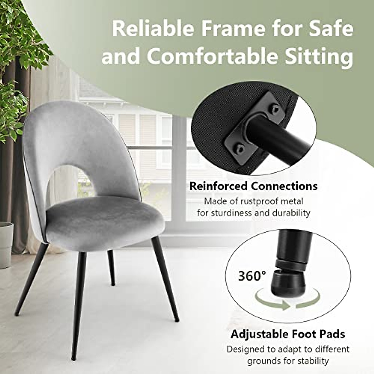 Giantex Velvet Dining Chairs Set of 2 - Modern Mid-Century Vanity Chair with Meat Legs, Comfy Desk Chair for Living Room, Bedroom, Upholstered Dining Room Chairs, Gray