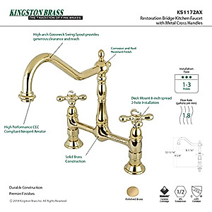 Kingston Brass KS1172AX Heritage Bridge Kitchen Faucet, 8-1/2" Spout Reach, Polished Brass