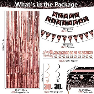 30th Black and Rose Gold Party Decorations - Happy Birthday Banner, Pennant, Birthday Balloons, Fringe Curtains, Tablecloth, Cake Topper, Hanging Swirls 30th Birthday Decorations for Women Princess