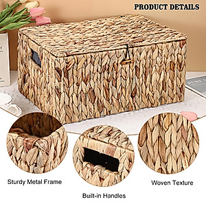 Hipiwe Wicker Storage Bins with Lid, X-Large Handwoven Water Hyacinth Wicker Baskets Rectangular Decorative Shelf Baskets Bin Built-in Handles Household Basket Boxes for Shelf Home Organizing