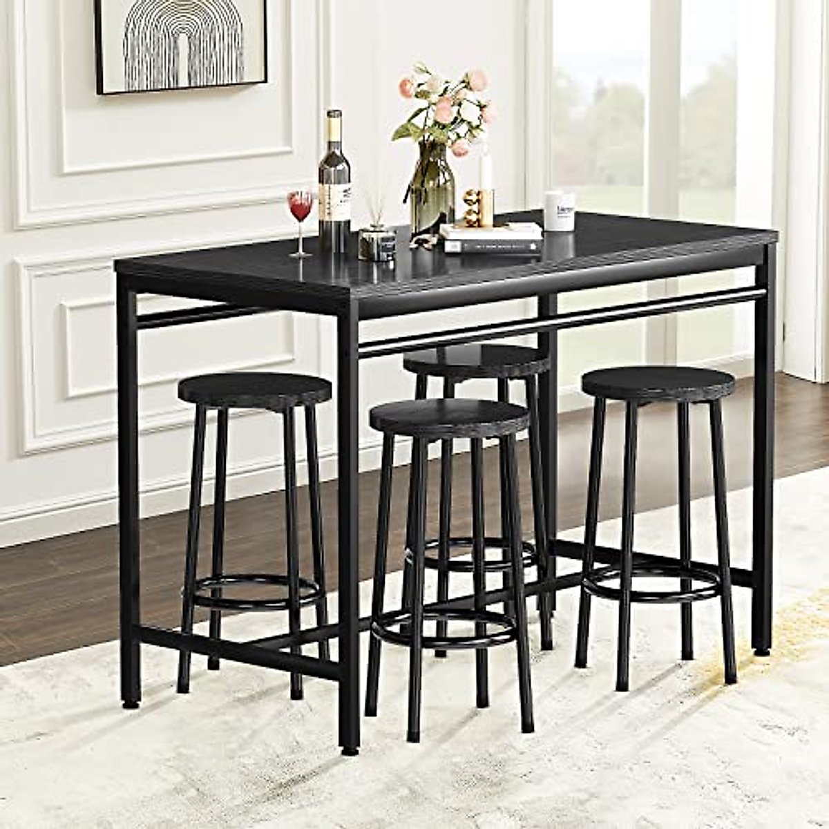 AWQM Counter Height Table with 4 Stools, 5-Piece Pub Table Set for Small Space Kitchen Breakfast Table, Bar Table and Chairs Set, Kitchen Dining Table Set, Space Saving Furniture (Black)