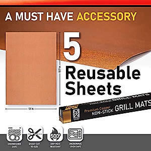 Non-Stick Copper Grill Mat Set & Baking Sheets - Pack of 5 Reusable BBQ Mats for Gas, Electric & Outdoor Grill - Multipurpose Easy To Clean Charcoal Grill Accessories (15.7 x 13 Inch)