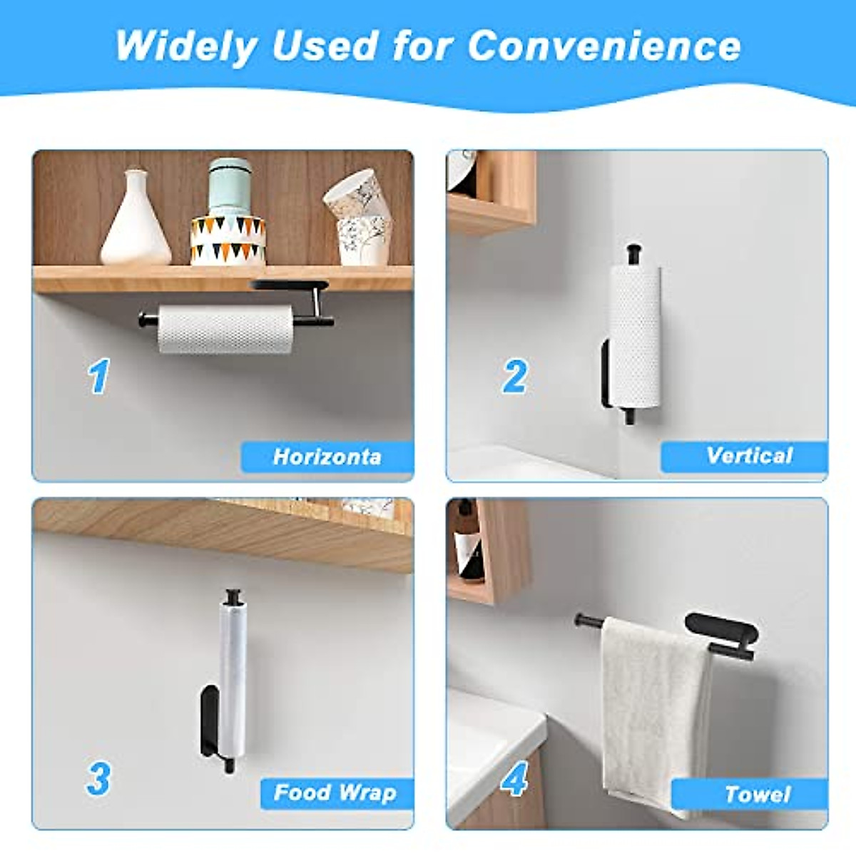 Paper Towel Holder Under Cabinet, Paper Towel Rack Roll Holder for Kitchen Bathroom Toilet Large Roll Paper, Paper Towel Holder Wall Mount, Self-Adhesive or Screws, 304 Stainless Steel, Black