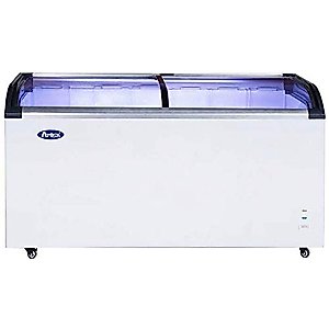 Lucky Kitchen Commercial Angle Curved Top Chest Freezer Glass Top, Deep Ice Cream Freezer with 4 Wire Baskets, Adjustable Thermostat, Locking Coasters, 12.5 Cubic Feet, White