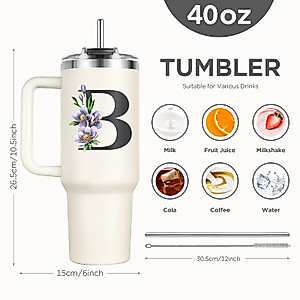 Leebbsin Initial 40 oz Tumbler with Handle, Personalized Birthday Gifts for Women, Monogrammed Travel Tumbler for Mom, Wife, Sister, Customized Cup for Water Tea Coffee, Regalos Para Mujeres（B）