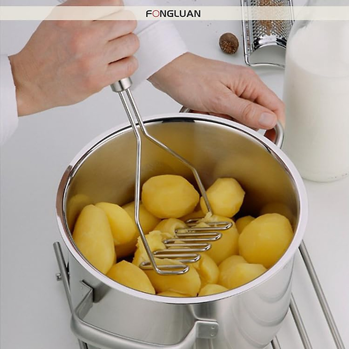 FONGLUAN Kitchen Utensils, Set of 5, Silicone Cooking Utensils Set with Stainless Steel Handle, Turner/Spatula, Spoon, Ladle, Whisk, Masher, Heat Resistant, Nonstick Cookware, Dishwasher Safe, Black