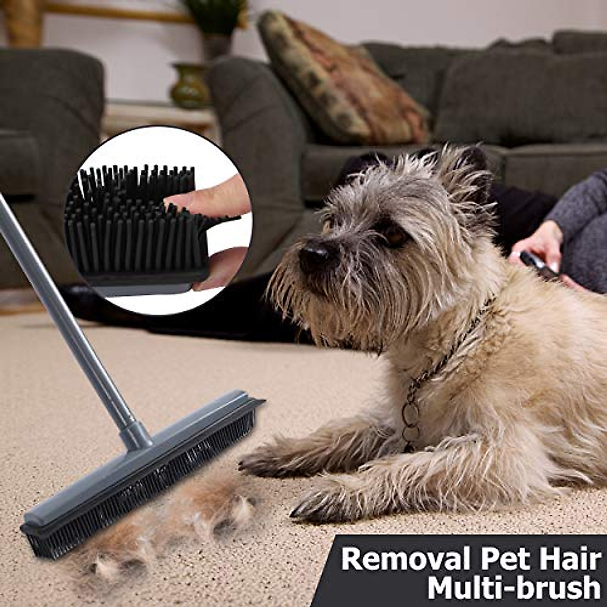 LCF Soft Bristle Rubber Broom and Squeegee with Telescopic Handle Carpet Rake Soft Household Push Broom Removal Pet Human Hair Outdoor Broom Dog Multi Brush Gray