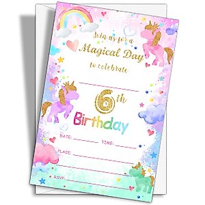 YQV 6th Birthday Party Invitations, 20-Count Magical Day Birthday Party Invites With Envelopes-HBYQK-B11