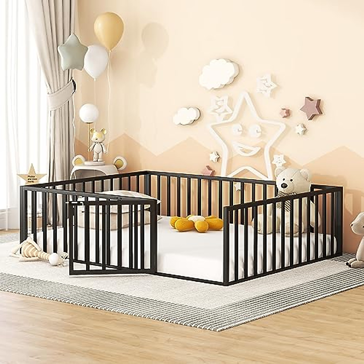 SIYSNKSI Queen Size Floor Bed with Fence and Door, Metal Floor Bed Frame, Montessori Bed Platform Bed Frame for Kids Boys Girls, Easy Assembly (Black + Metal-1)