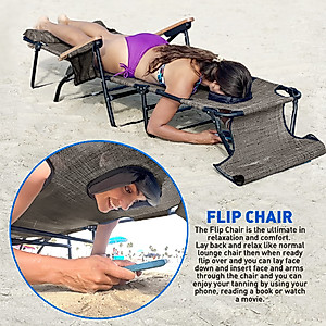 EasyGo Product FLIP Face Down Tanning Chaise Lounge Chair with Face & Arm Holes - 4 Legs Support - Textilene Material - 6 Position - Arm Head Rest Pillow - Beach or Home Use - PATENTS Pending, Brown