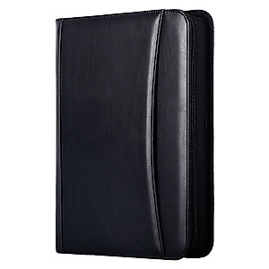 Eshow Leather Portfolio Professional Business Padfolio with Zipper - Interview Resume Notefolio Premium Legal Document Organizer with Card Holder, Writing Pad and File Folders for Men and Women