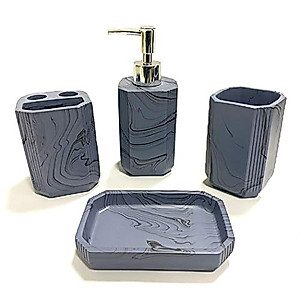 Grey Blue Mixed Black Marbling Bathroom Accessories Set, 4 Pieces Set Modern Marbling Complete Bathroom Set,Soap Dish Lotion Dispenser Tumbler Toothbrush Holder ZDMN1