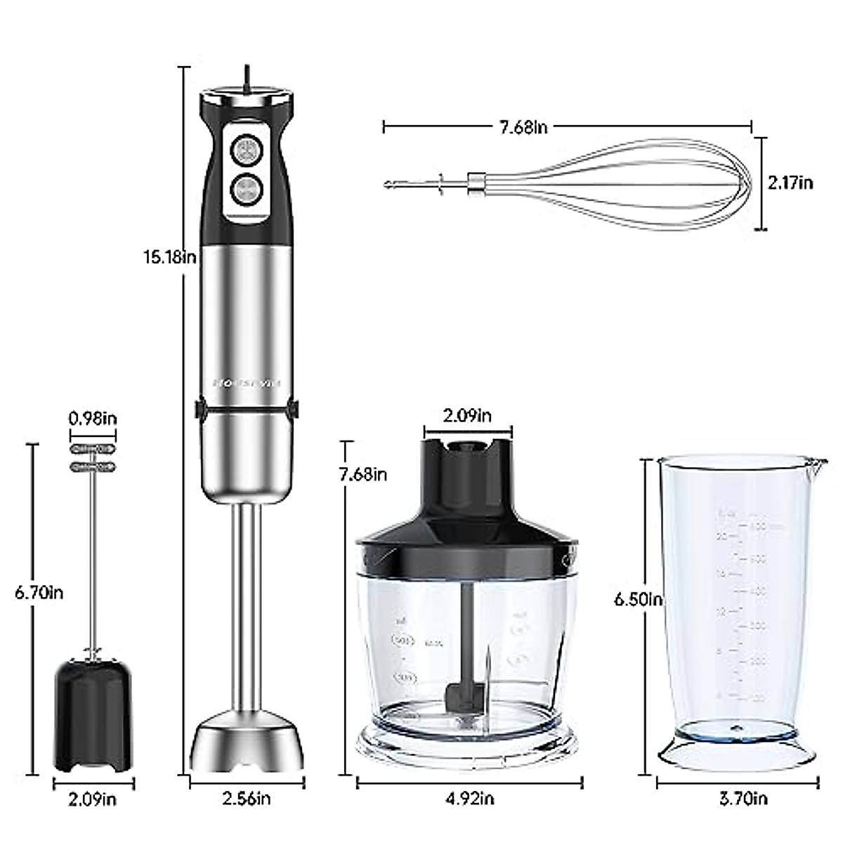 Immersion Blender 800W, 5 in 1 Hand Blender, 24 Speed and Turbo Mode Immersion Blender Handheld, Stick Blender Stainless Steel Blade with Mixing Beaker, Chopper, Whisk and Milk Frother
