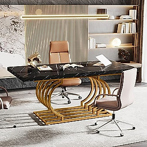 Tribesigns 63" Modern Office Desk, Black and Gold Executive Desk, Large Computer Desk Home Office Desk with Gold Metal Frame, Wood Workstation Study Writing Desk