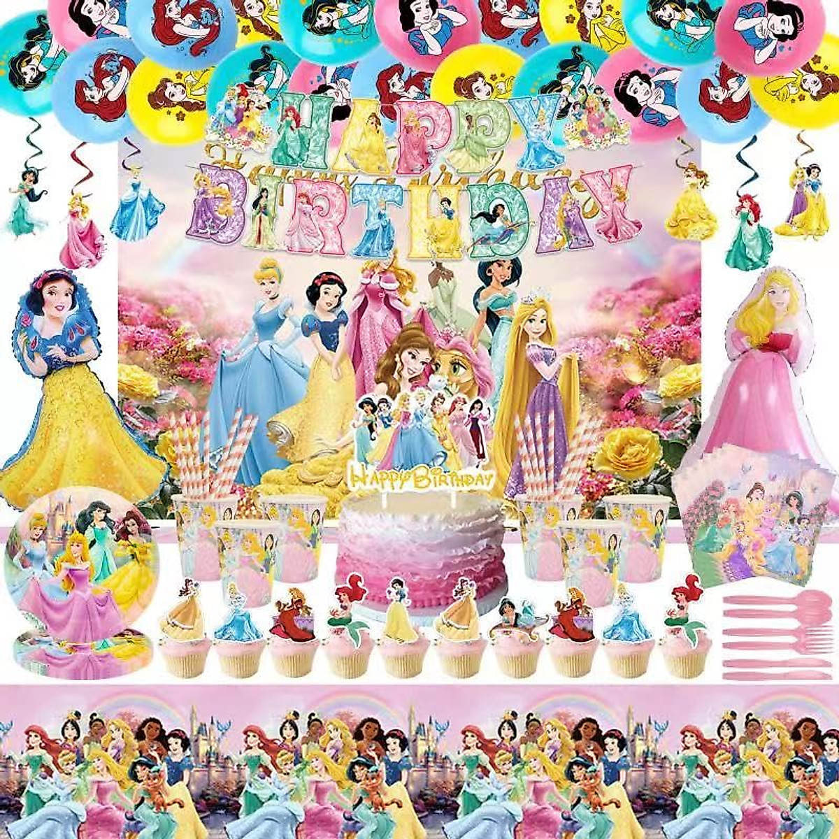BOSMAT Princess Birthday Decorations, Princess Party Supplies Includes Balloons, Happy Birthday Banner, Cake＆Cupcake Topper, Plates, Napkins, Cup, Tablecloth , Foil Balloon and Backdrop