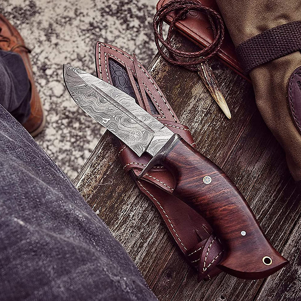BIGCAT ROAR Handmade Damascus Hunting Knife - Bushcraft Fixed Blade Hunting Knife with Sheath and Walnut Wood Handle - 10″ EDC Skinning Knife - Beast Hunter