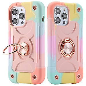 XBO Compatible with iPhone 14 Pro Max Case for Women, Heavy-Duty Military Grade Shockproof Phone Cover with Adjustable Ring Kickstand for iPhone 6.7 2022 Accessories - Colorful Pink