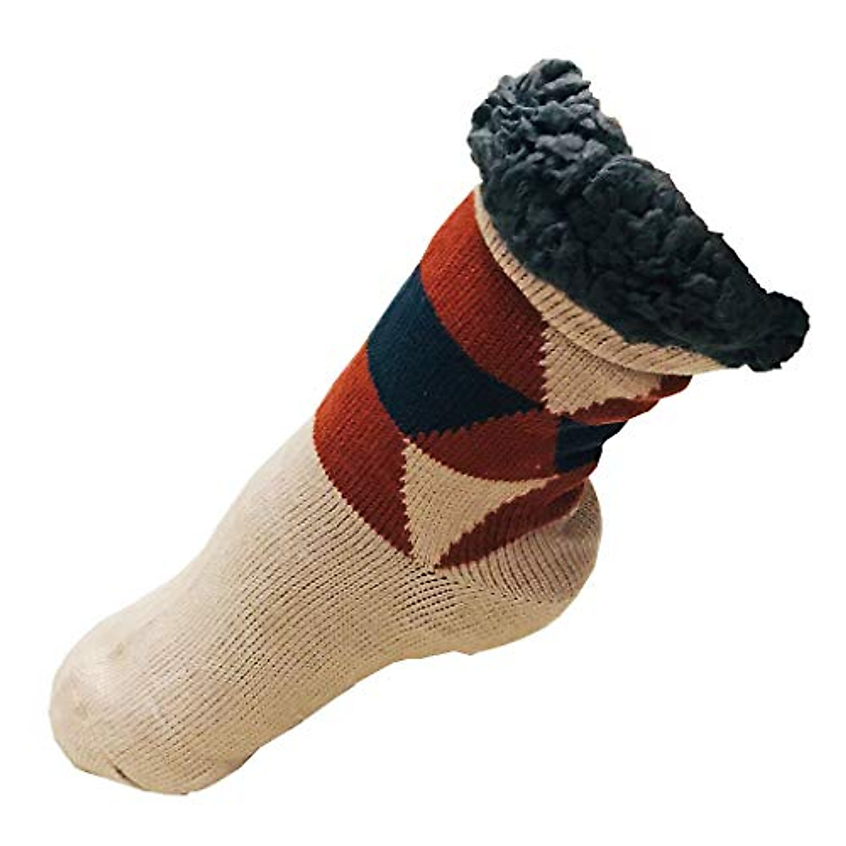 Mens Christmas Snowflakes Argyle Thick Knit Sherpa Fleece Lined Thermal Fuzzy Slipper Socks Size 10-13 (Khaki/Blue Red)