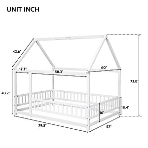 i-POOK Full Size House Bed Wooden Floor Bed with Roof and Fence Guardrails Montessori Bed Playhouse Bed for Children Girls and Boys, White(No Bed Slats)