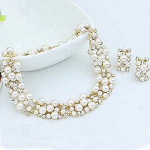 LadayPoa BE Pearl Gold Plated Simple Elegant Bridal necklace earring Jewelry Sets Kit Gift BP(Gold & White pearls)