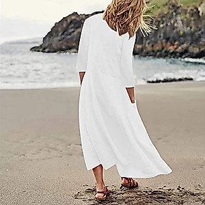 Maxi Dress, High Low Dress for Women Wedding Dresses with Long Sleeves Women's Fashion Casual Solid Colour Sleeveless Cotton Linen Pocket Dress Casual Color Three-Quarter Sleeve (XXL, Z-White)