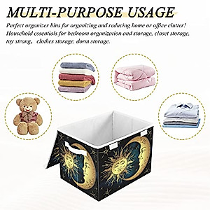 Krafig Boho Chic Golden Sun Moon Foldable Storage Box Large Cube Organizer Bins Containers Baskets with Lids Handles for Closet Organization, Shelves, Clothes, Toys