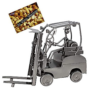 BRUBAKER Wine Bottle Holder 'Forklift' - Table Top Metal Sculpture - with Greeting Card