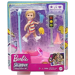Barbie Skipper Babysitters Inc. Accessories Set with Small Toddler Doll & Toy Car, Plus Traffic Light, Cone, Cup & Lion Toy, Gift for 3 to 7 Year Olds , White